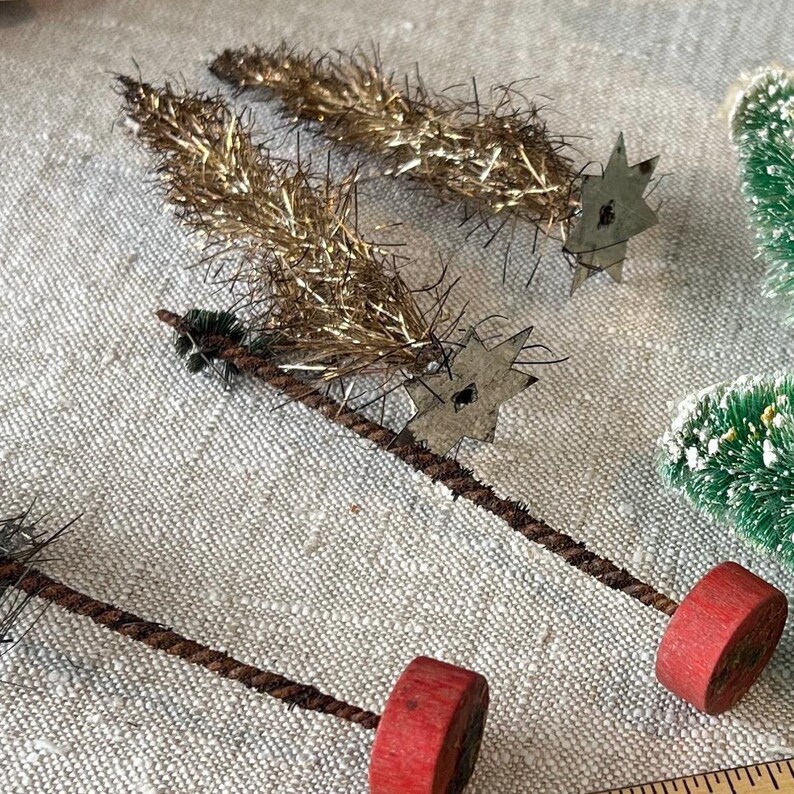 Vintage Miniature Winter Village Bottle Brush and Tinsel Trees and ...