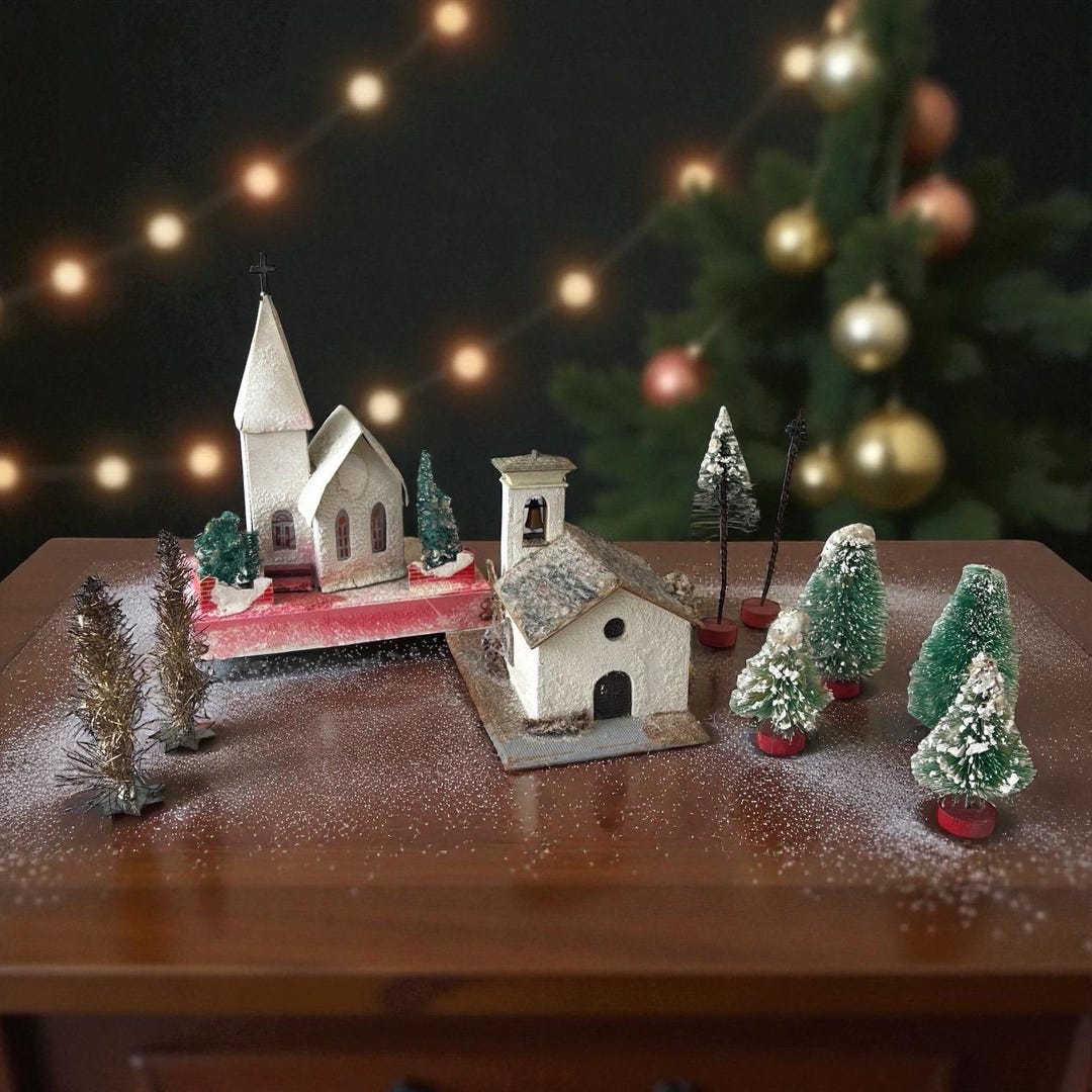 Vintage Miniature Winter Village Bottle Brush and Tinsel Trees and ...