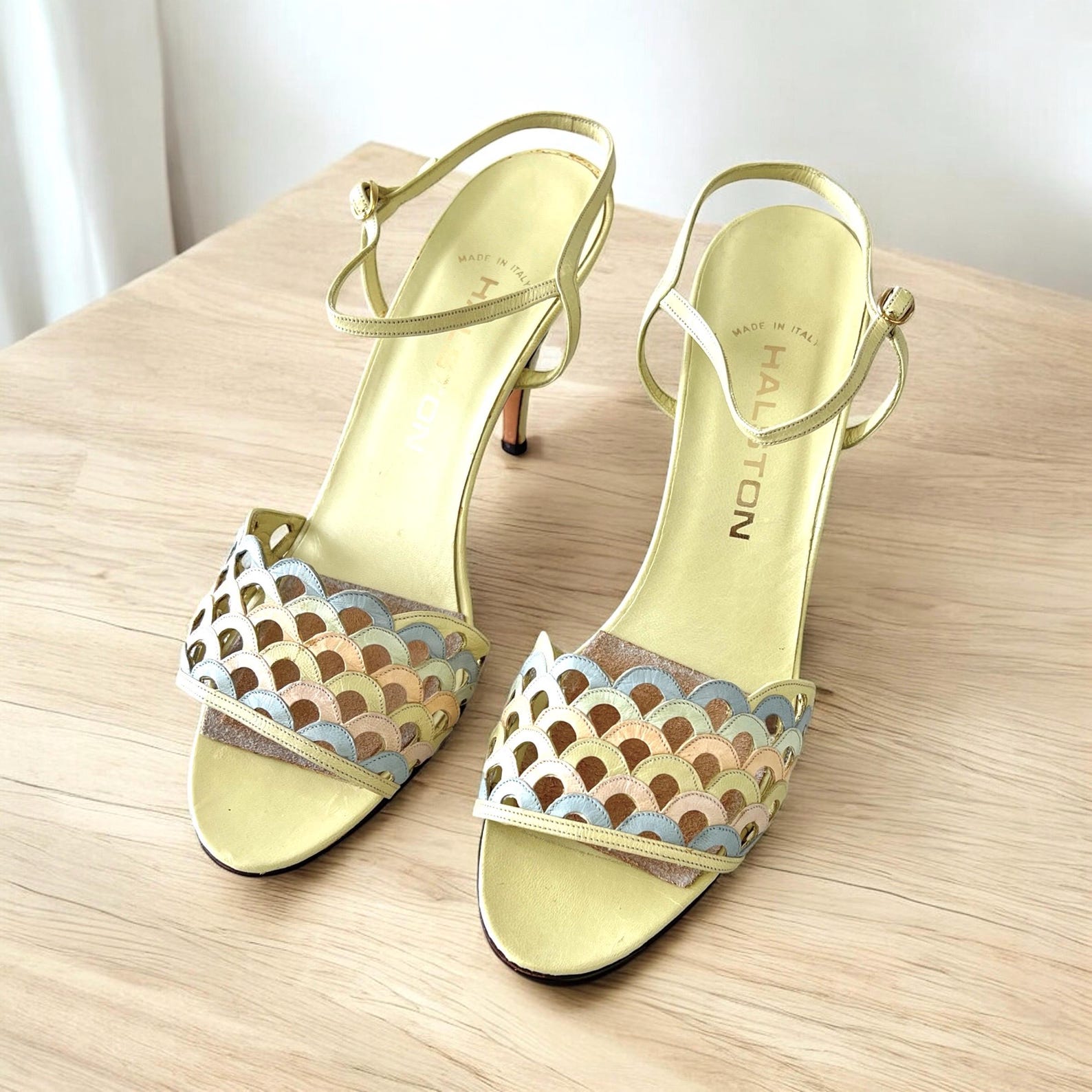 1970S Halston Sandals - Size 10 High Heel Ankle Strap Shoes Pastel ...