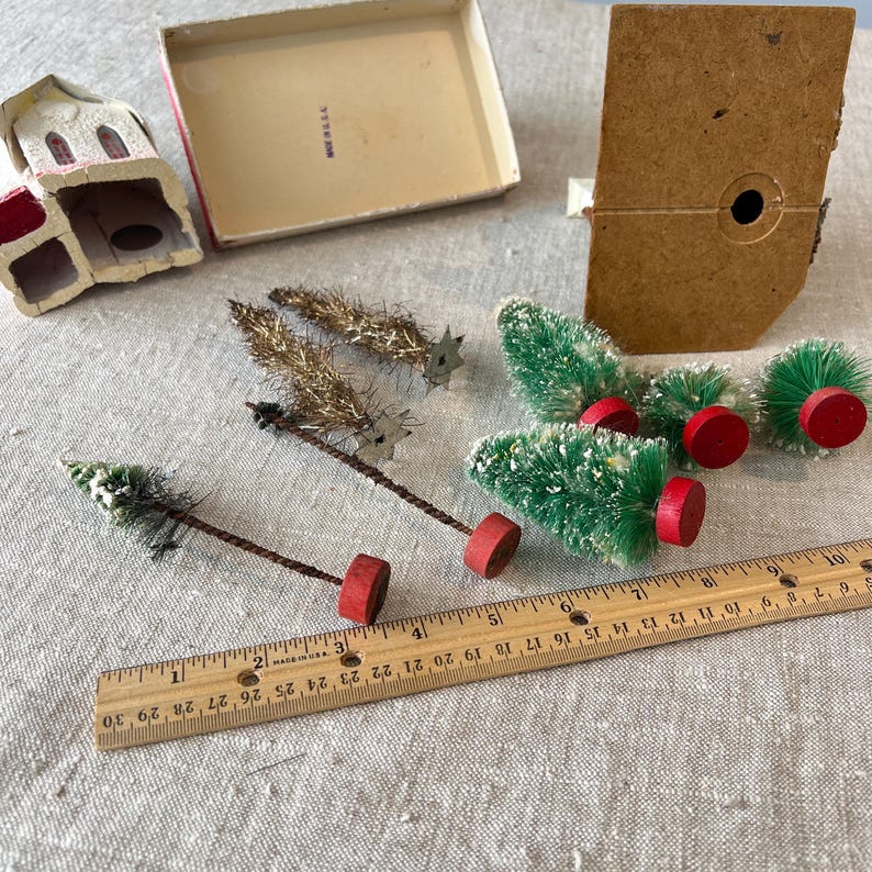 Vintage Miniature Winter Village Bottle Brush and Tinsel Trees and ...