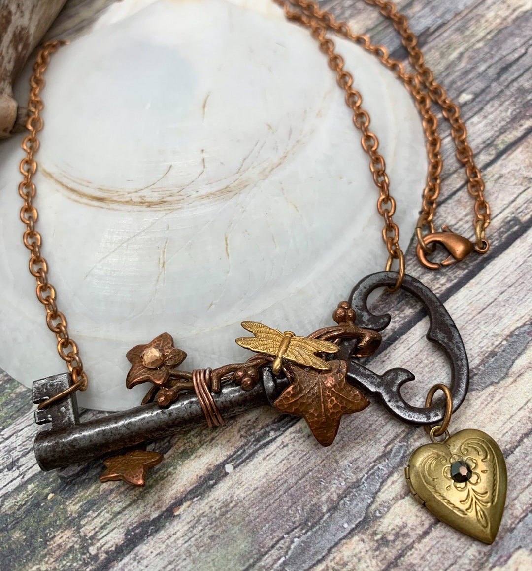 Steampunk Sideways Skeleton Key Dragonfly Nature Heart Locket Necklace ...