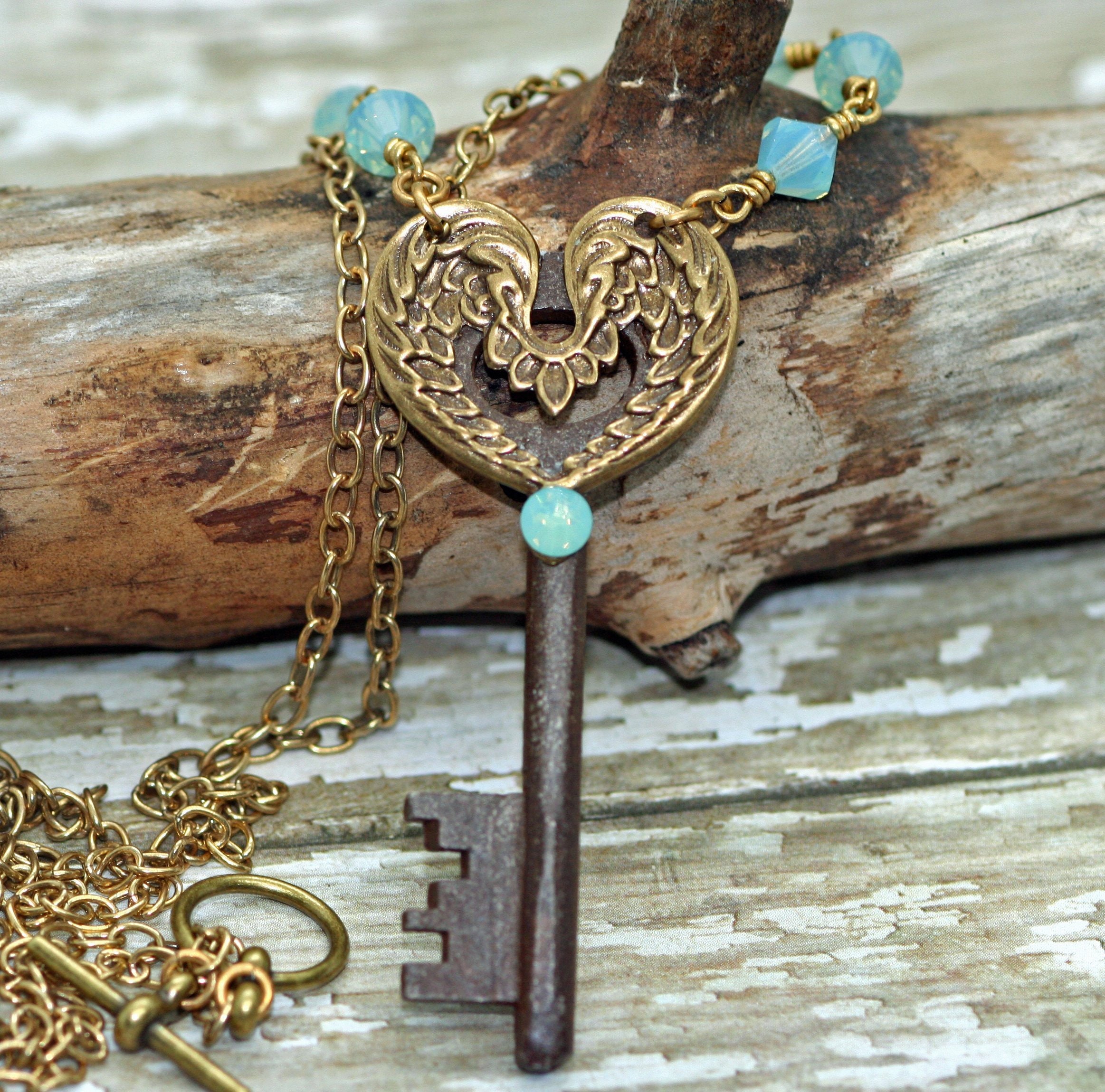 Skeleton Key and Angel Wings Key to My Heart Valentine's Necklace With ...