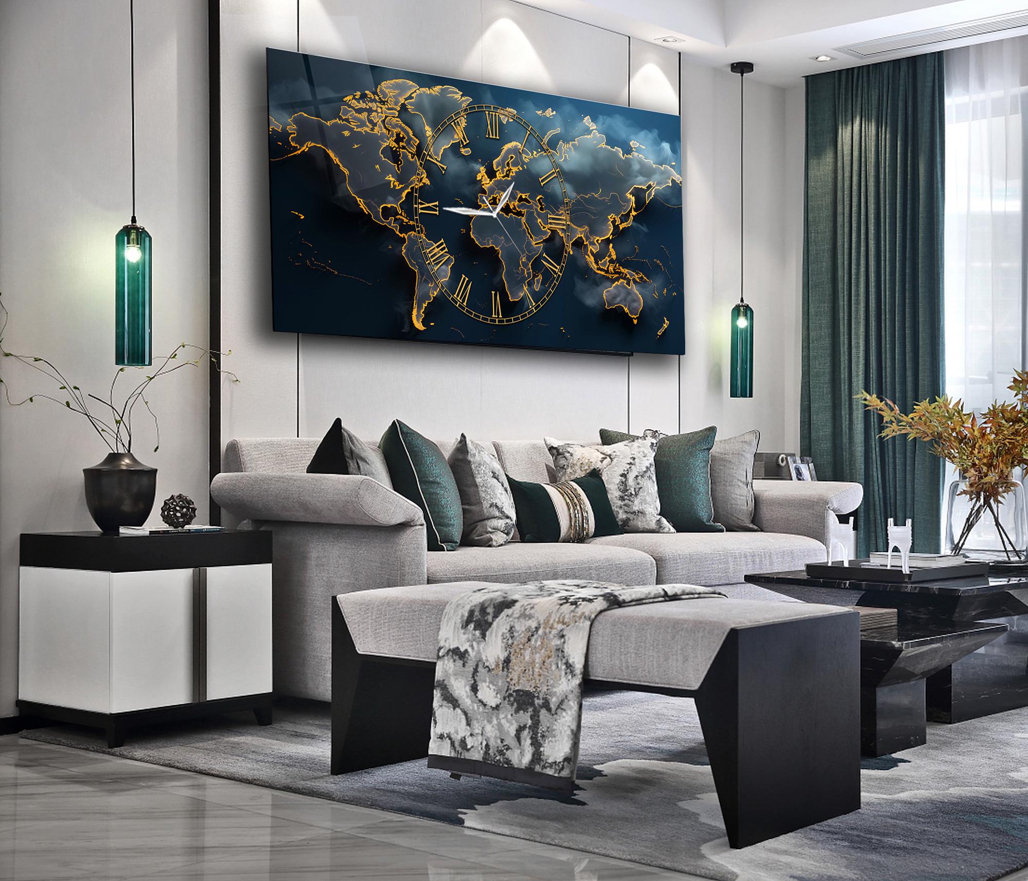 Abstract World Map Tempered Glass Wall Clock – Navy Blue & Gold Decor ...