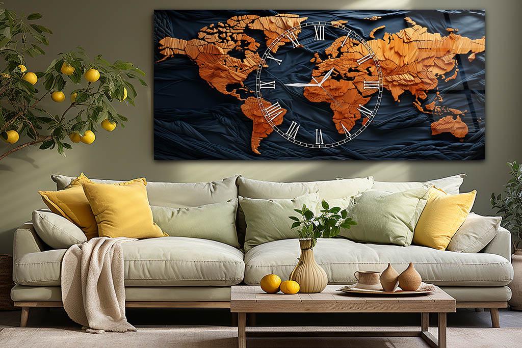 Blue & Brown World Map Glass Wall Clock - Roman Numerals - Etsy