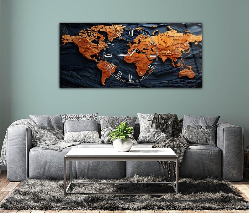 Blue & Brown World Map Glass Wall Clock - Roman Numerals - Etsy