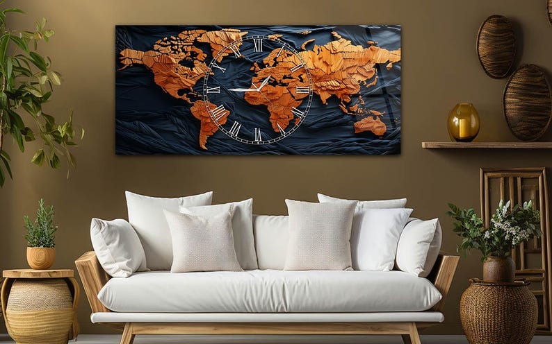 Blue & Brown World Map Glass Wall Clock - Roman Numerals - Etsy