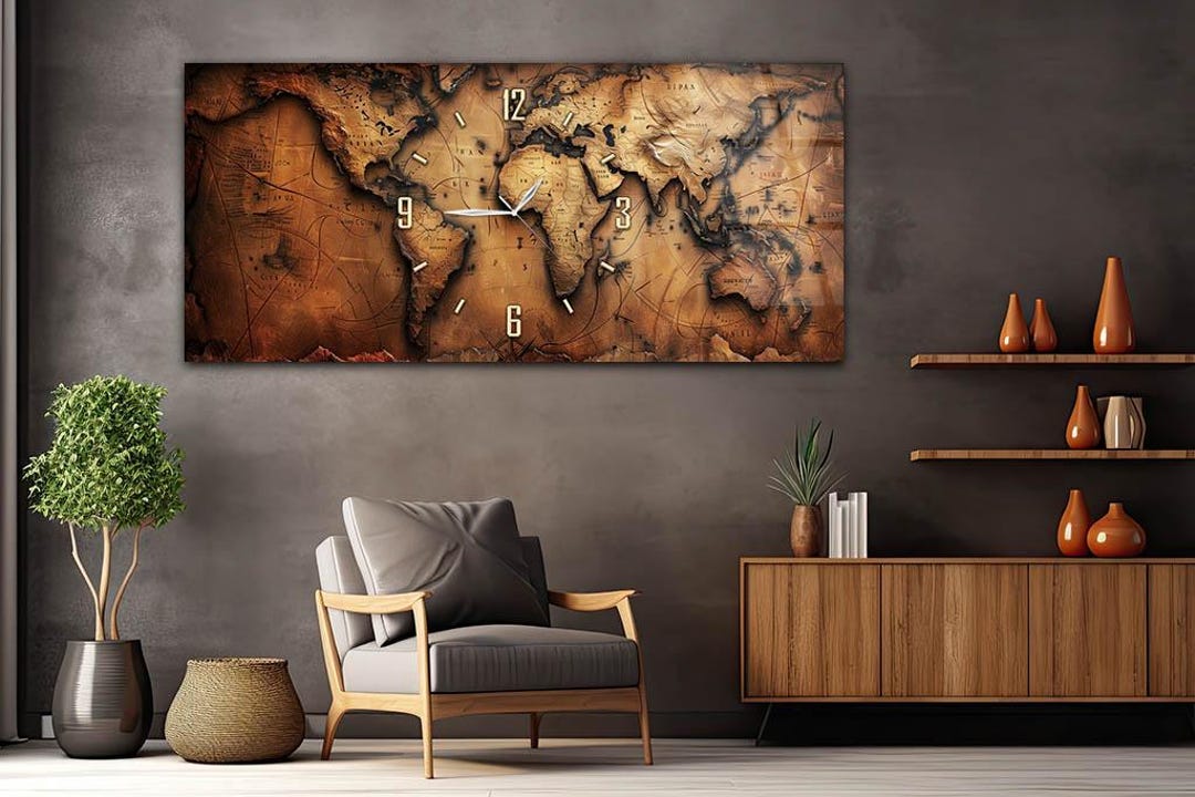 Vintage World Map Clock: Tempered Glass Antique Atlas Wall Art - Etsy