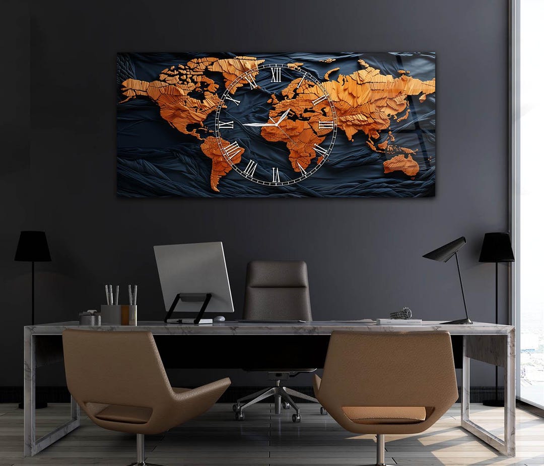 Blue & Brown World Map Glass Wall Clock - Roman Numerals - Etsy