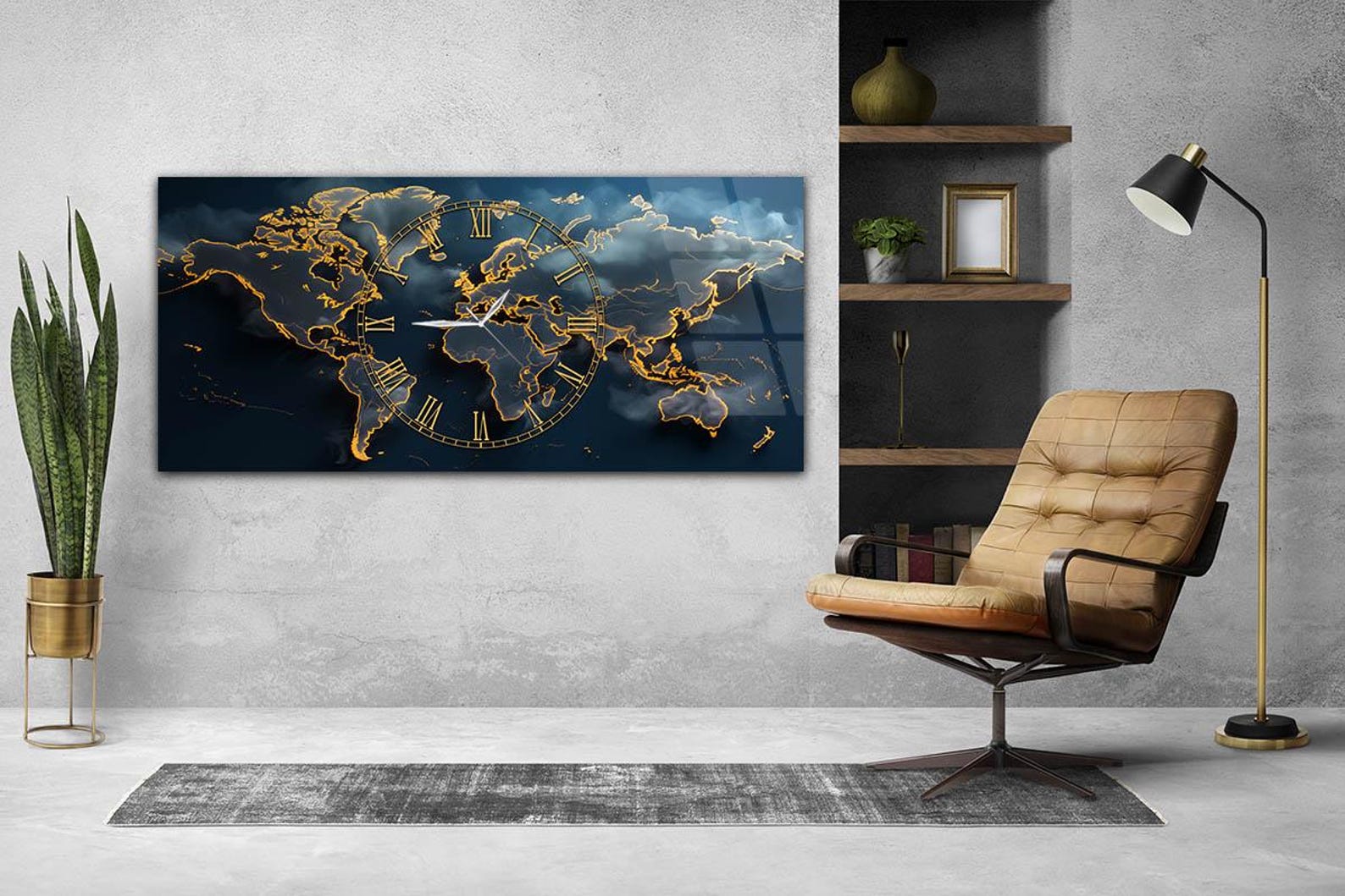 Abstract World Map Tempered Glass Wall Clock – Navy Blue & Gold Decor ...