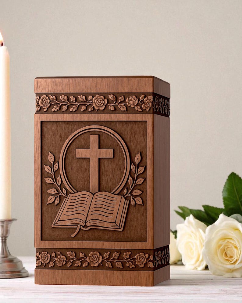 Handcrafted Wooden Cremation Urn: Bible & Cross Engraving, Religious ...