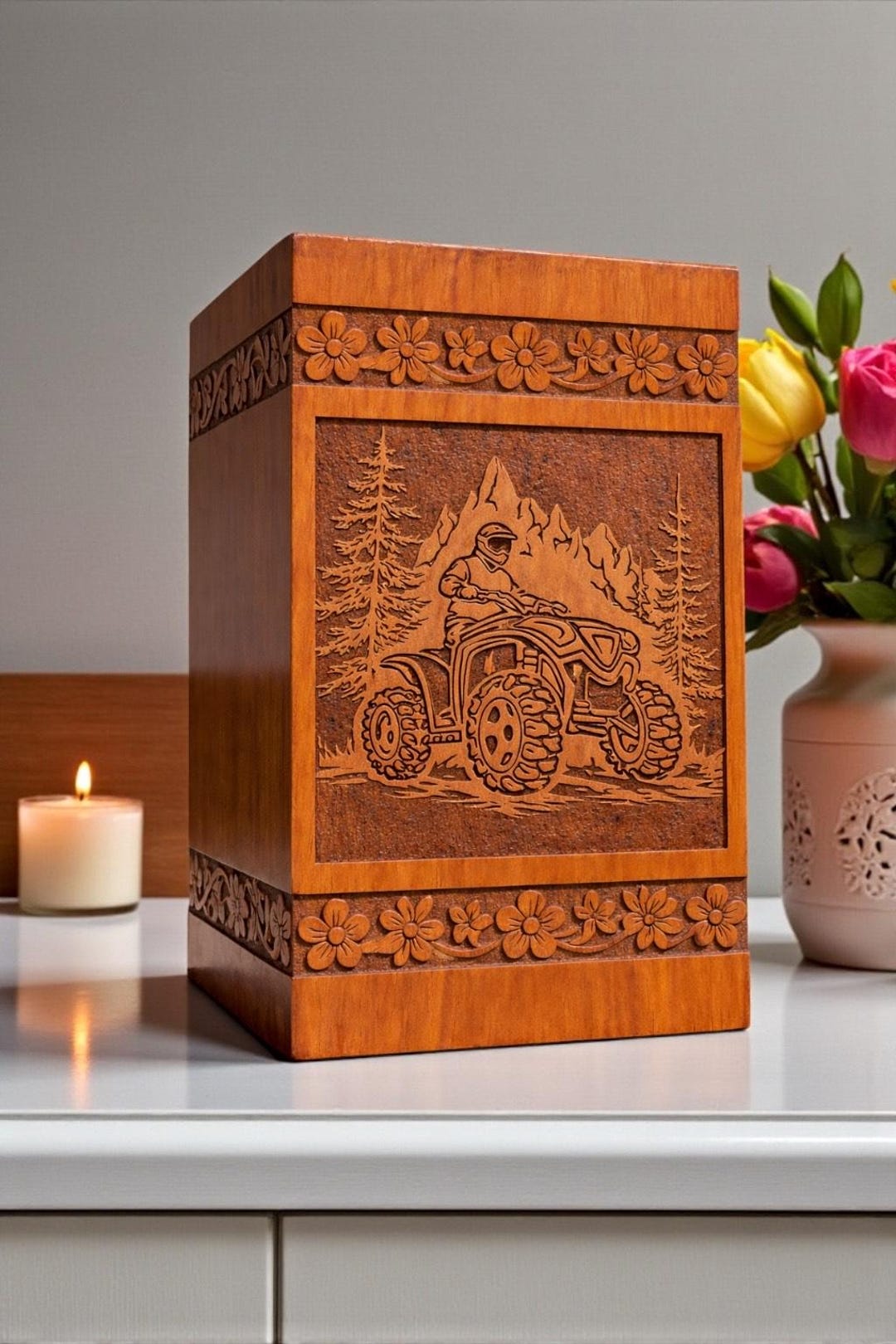 ATV Rider Memorial Urn – Engraved Mountain Design – Personalized Wooden ...