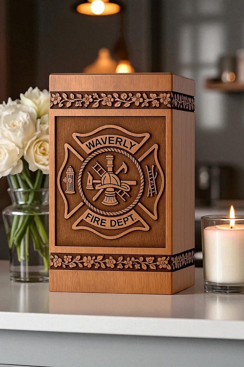 Firefighter Wooden Urn Box – Handmade Cremation Urn for Ashes, Custom ...