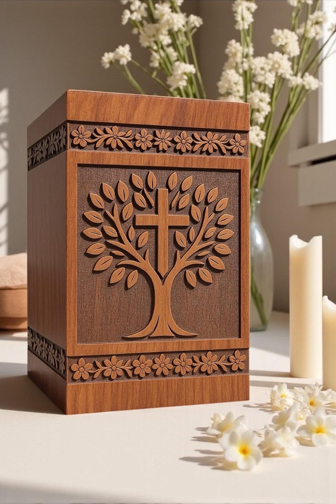 Handcrafted Wooden Cremation Urn Box: Tree of Life Cross, Floral ...