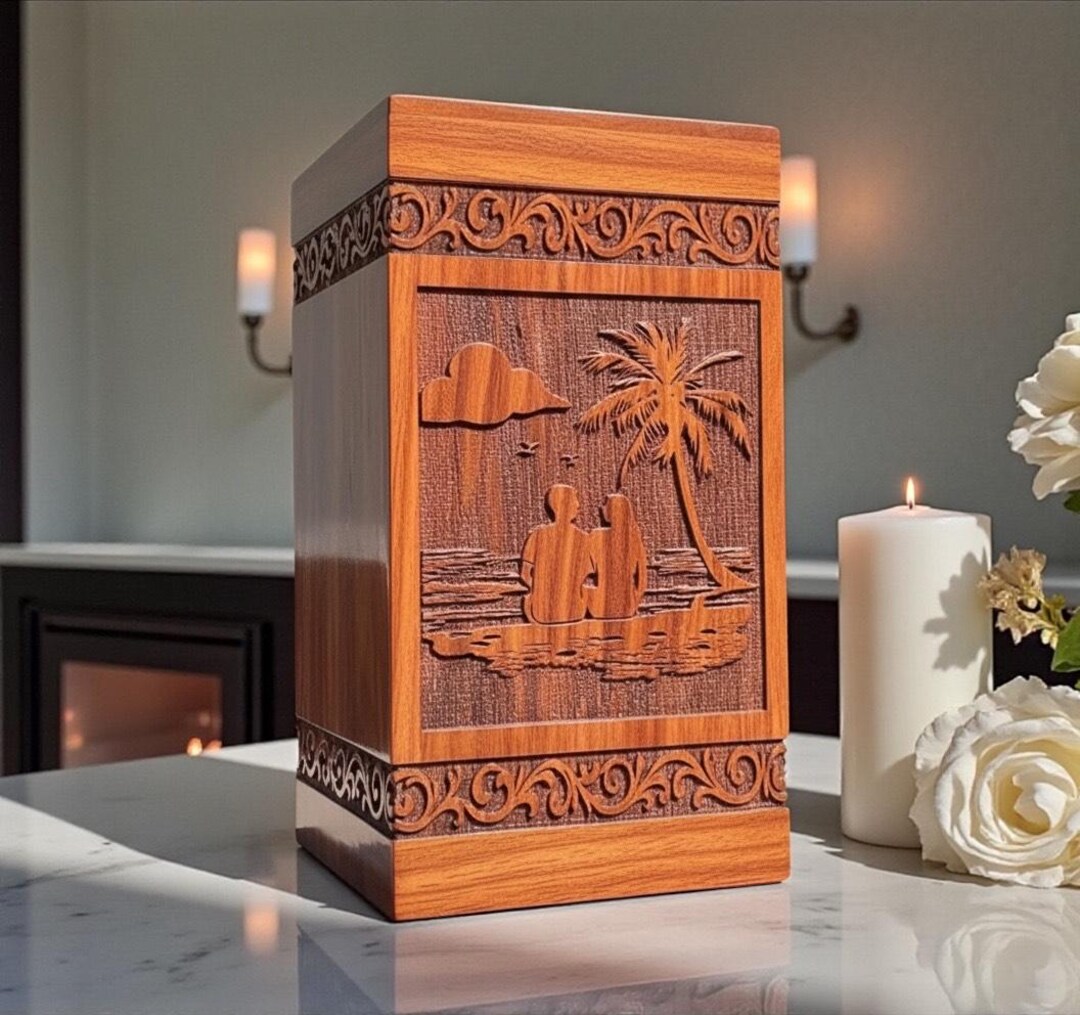 Engraved Wooden Cremation Urn Box – Couple by the Sea, Memorial ...