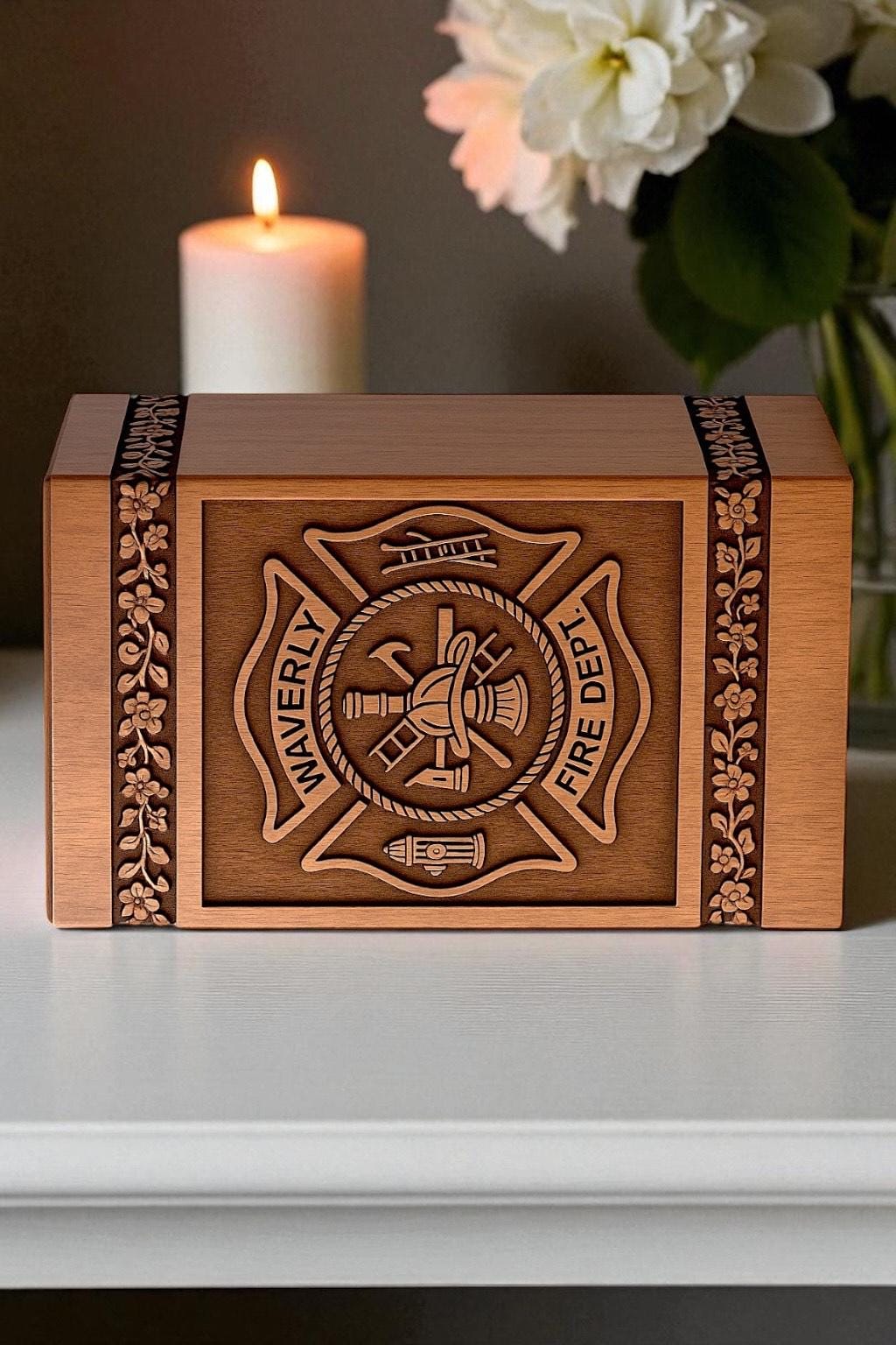 Firefighter Wooden Urn Box – Handmade Cremation Urn for Ashes, Custom ...