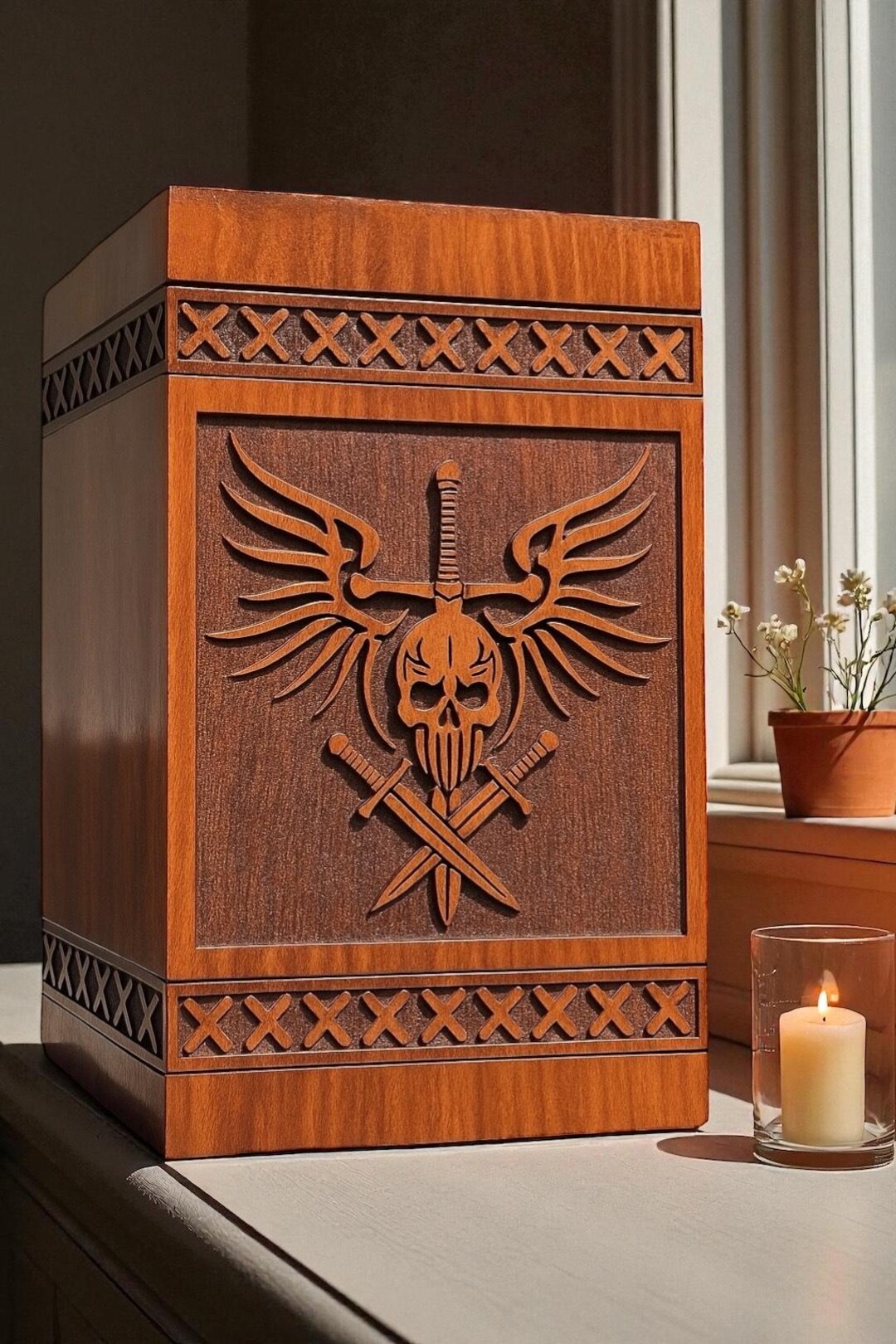 Engraved Warrior Wooden Urn: Skull & Swords Memorial Cremation Box - Etsy