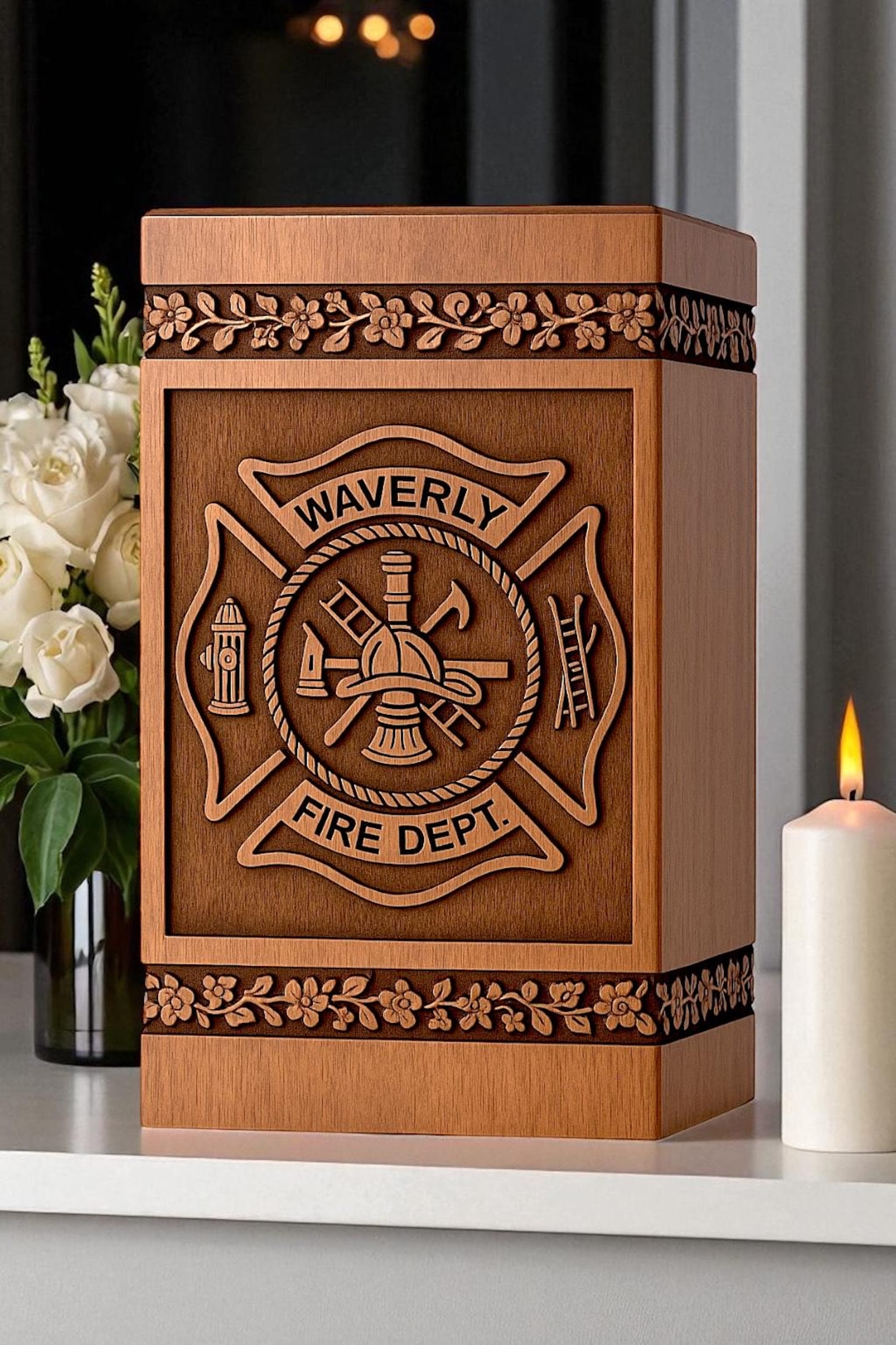 Firefighter Wooden Urn Box – Handmade Cremation Urn for Ashes, Custom ...