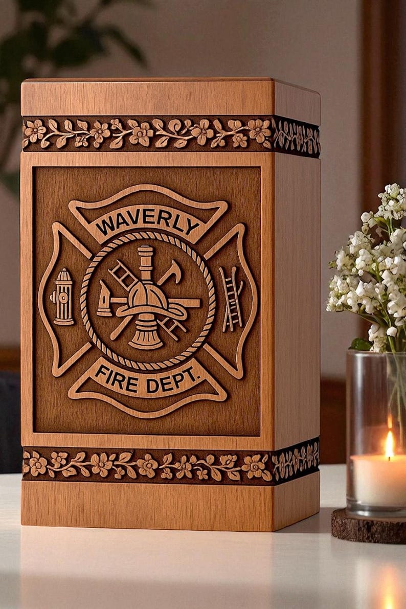 Firefighter Wooden Urn Box – Handmade Cremation Urn for Ashes, Custom ...