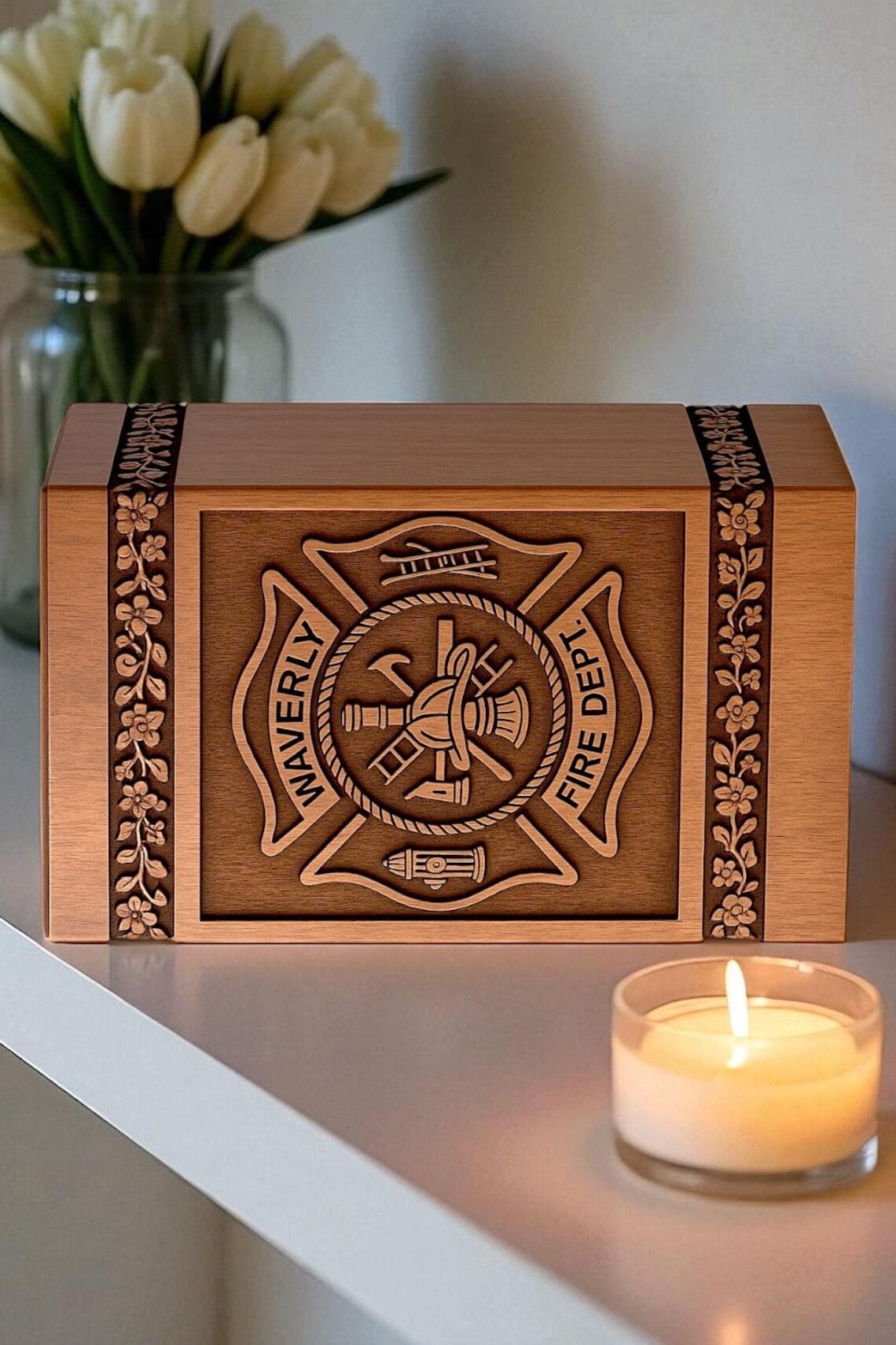 Firefighter Wooden Urn Box – Handmade Cremation Urn for Ashes, Custom ...