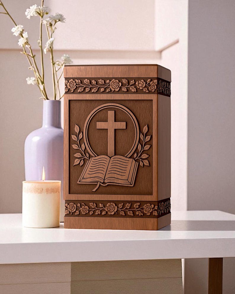 Handcrafted Wooden Cremation Urn: Bible & Cross Engraving, Religious ...