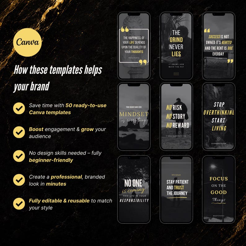 Faceless Motivational Reel Templates for Coaches on Canva | 50 Black ...