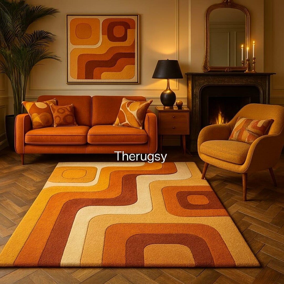 Retro Mid Century Shag Rug – 70s Geometric Orange Yellow Area Carpet ...