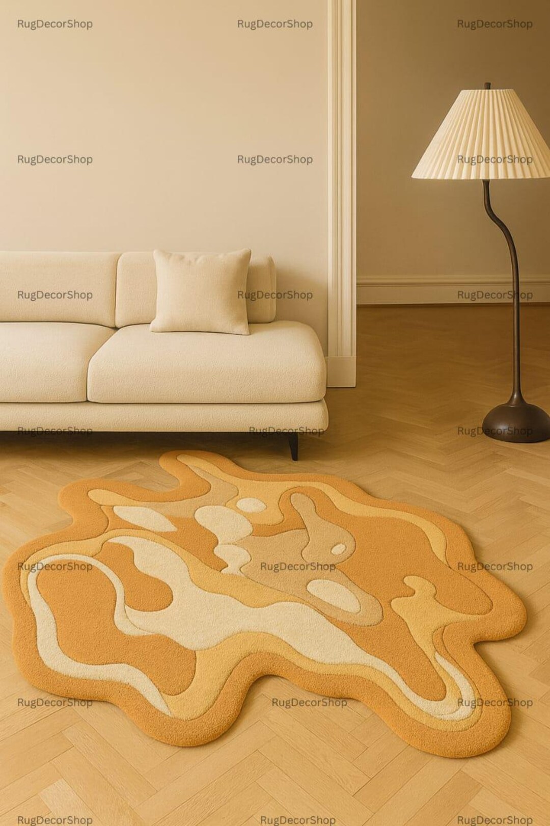Abstract Mustard Yellow Freeform Rug – Modern Organic Shape Carpet With ...