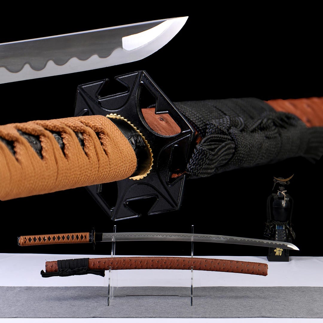 Handmade Brown Wakizashi Sword: Pierced Leather Scabbard, Carbon Steel ...