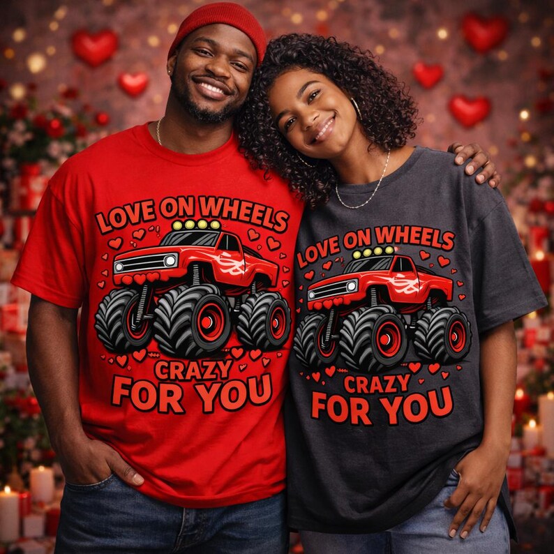 Love on Wheels Valentine Shirt, Monster Truck T-shirt, Romantic Couple ...