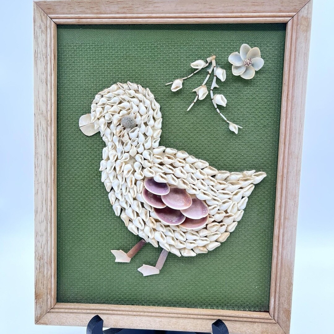 Vintage 60's Shell Art Chick Duck Picture Framed Seashell Coastal ...