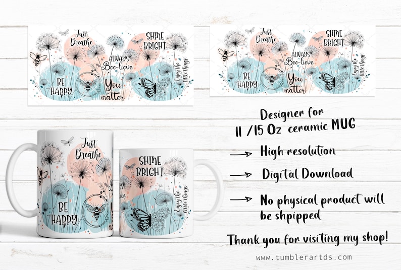 Positive Affirmations Mug Sublimation Design, Boho Floral Mug 11oz 15oz ...