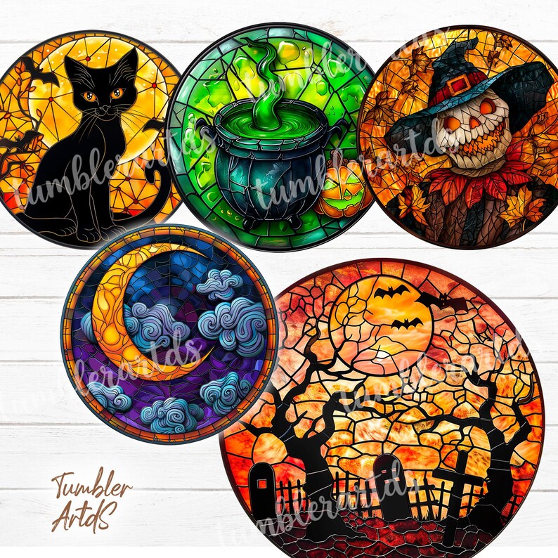 10 Halloween Round Stained Glass Clipart Set, Halloween Ornaments PNG ...