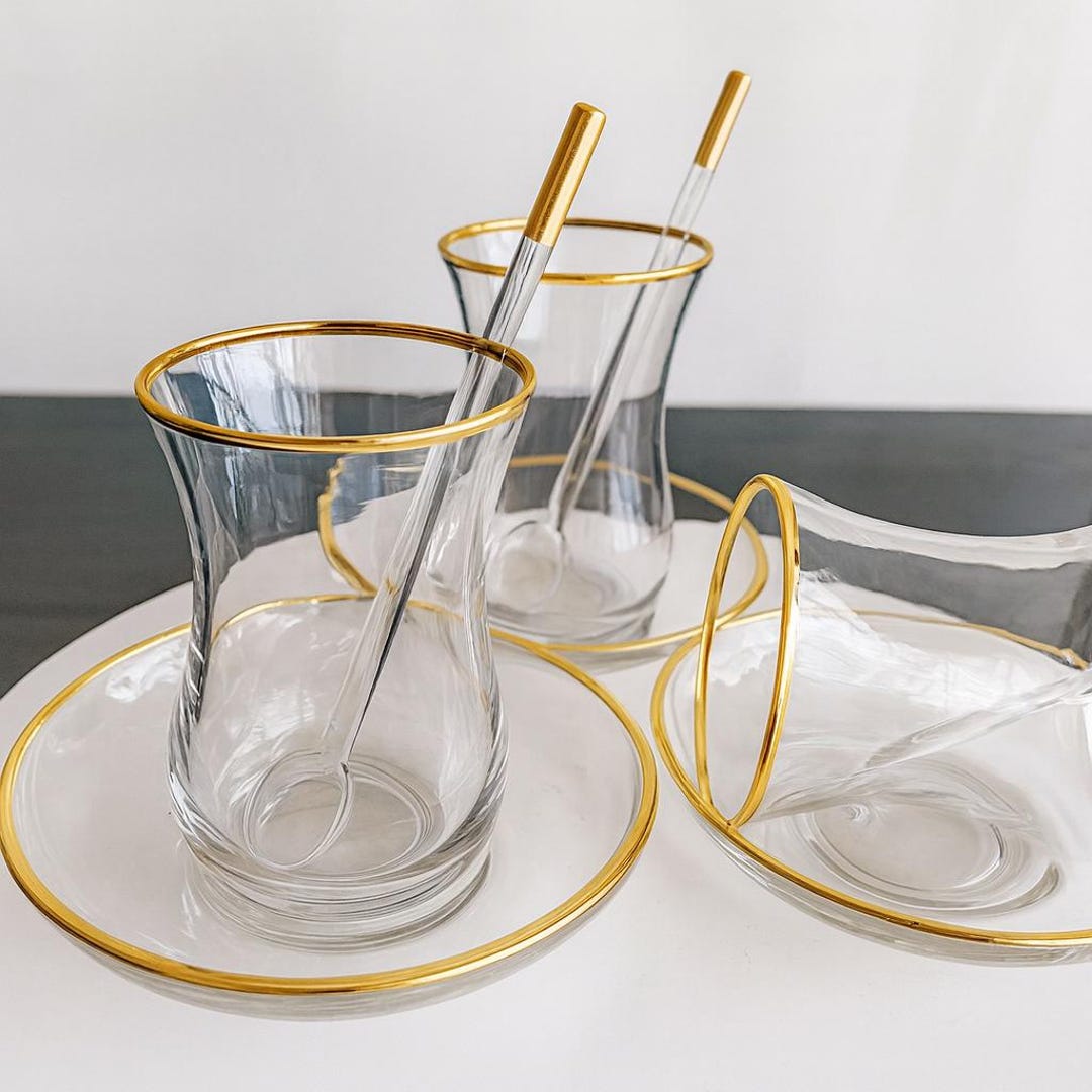 12-piece Turkish Tea Set, 6 Pcs Gold Rim Glasses, 6 Pcs Saucers ...