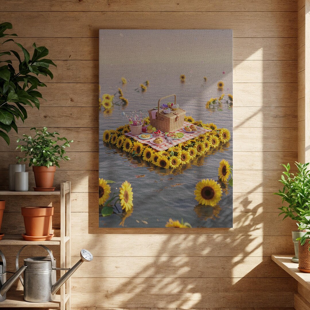 Surreal Sunflower Raft Picnic Canvas Wall Art Whimsical Floating Food ...
