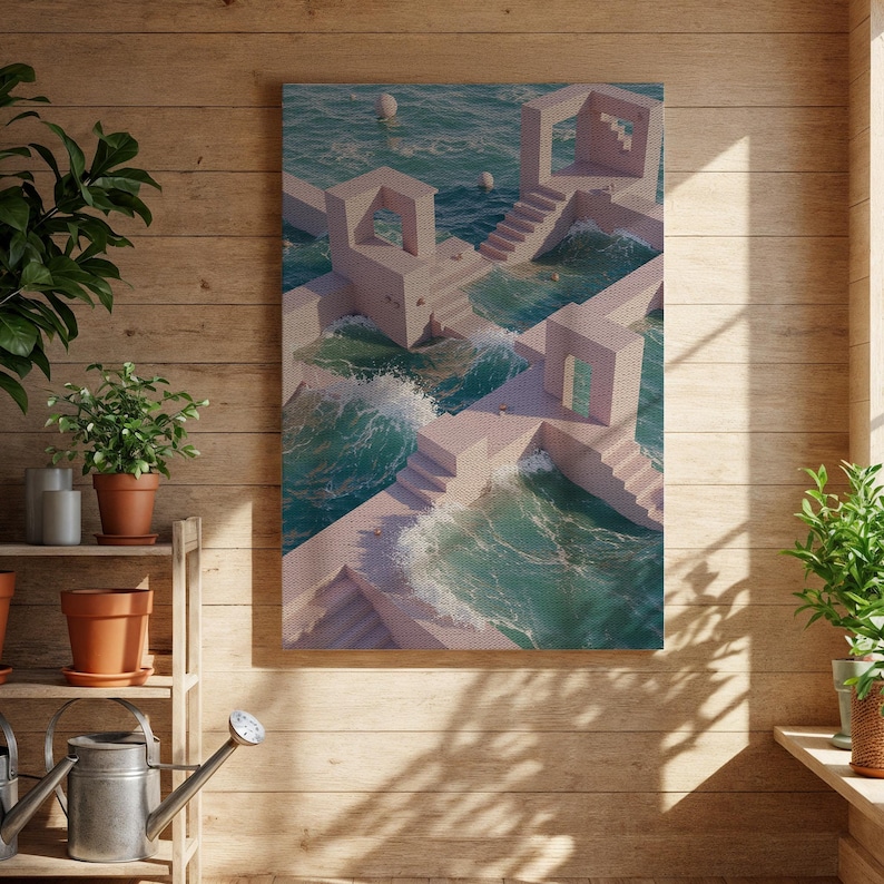 Surreal Ocean Stairs Canvas Wall Art, Dreamlike Architectural Print ...