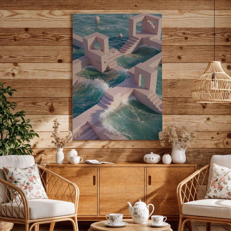 Surreal Ocean Stairs Canvas Wall Art, Dreamlike Architectural Print ...
