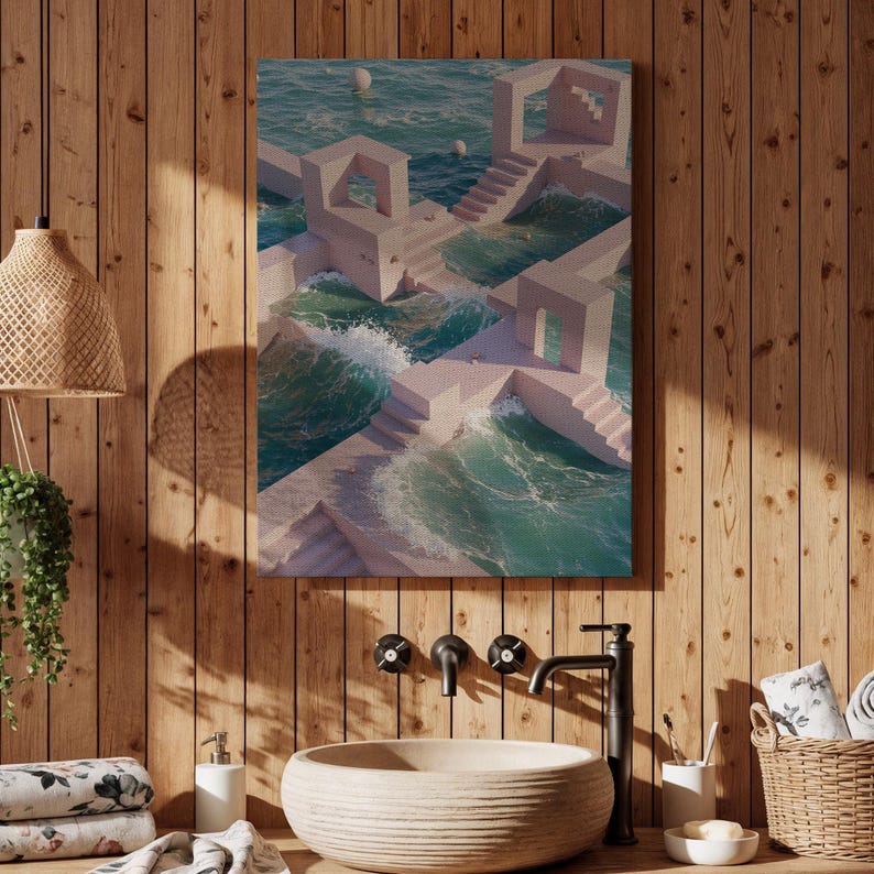 Surreal Ocean Stairs Canvas Wall Art, Dreamlike Architectural Print ...