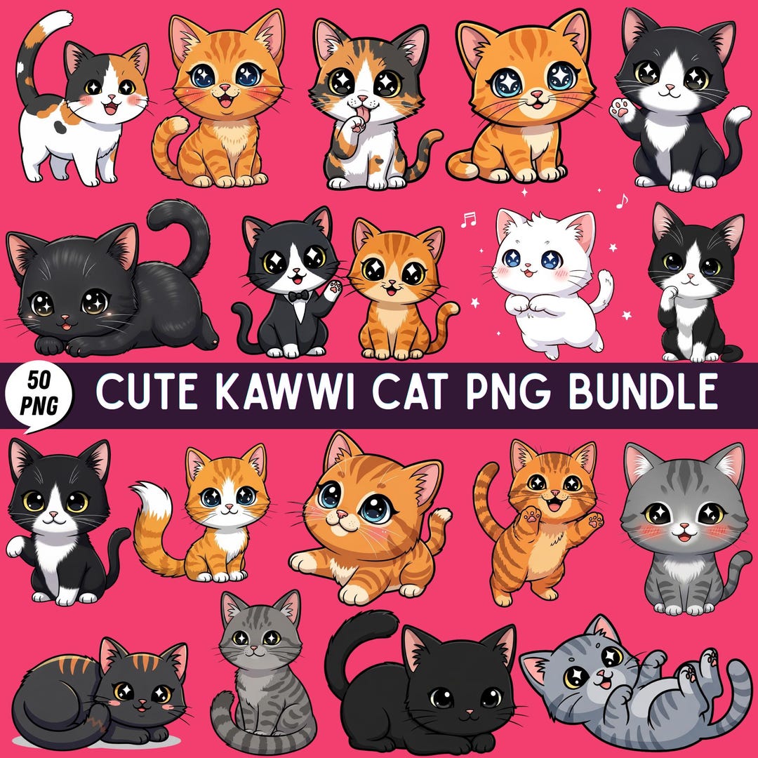 Cute Kawaii Cat PNG Bundle – 50 Adorable Kitten Clipart Set, Cartoon ...