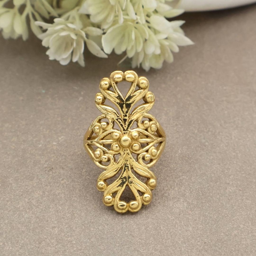 Vintage Floral Brass Statement Ring, Long Gold Plated Ring for Women ...