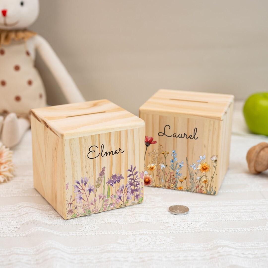 Personalized Floral Money Box, Custom Wooden Money Box Girl, Money Box ...