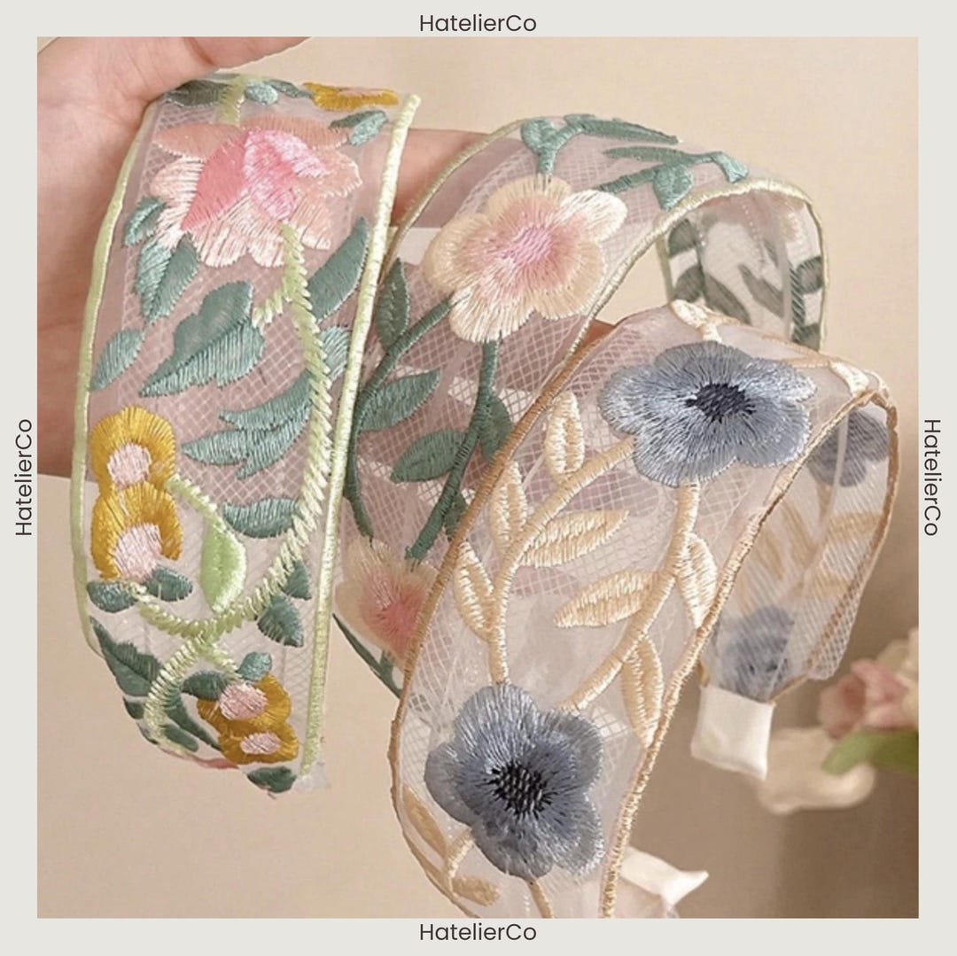 Floral Embroidered Mesh Headband Set, Sheer Organza Hairband, Boho ...