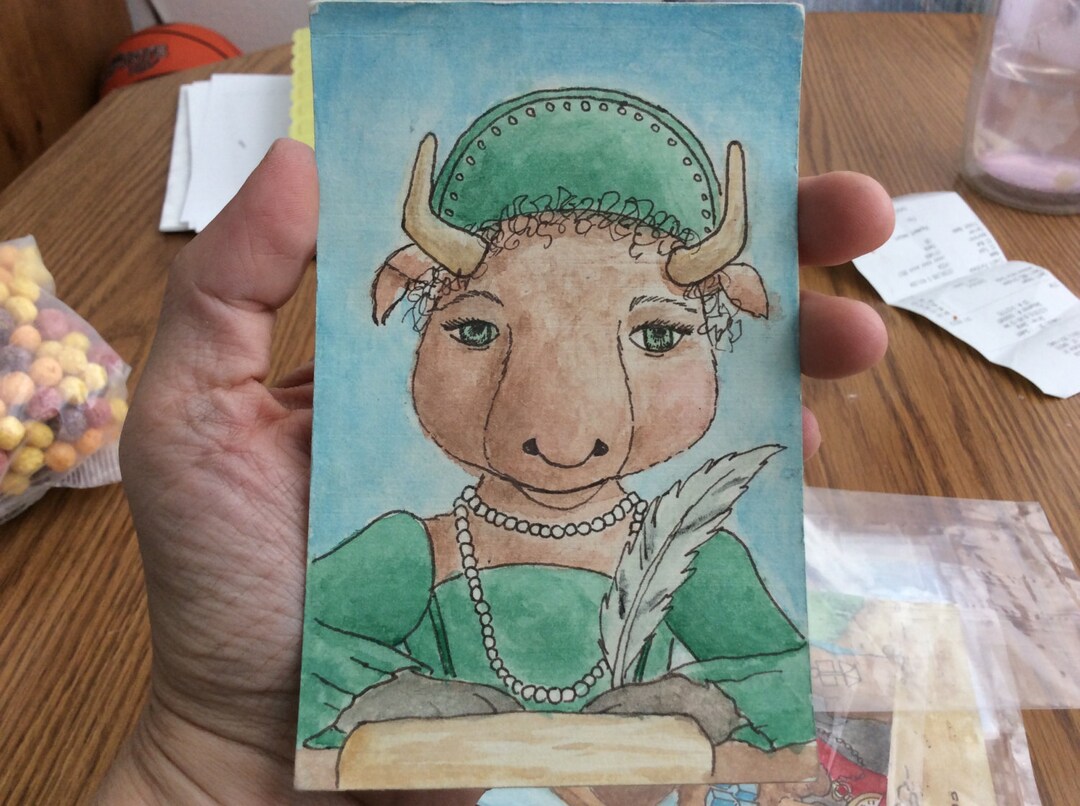Original 3x5 Watercolor of a Writing Cow in Green Tudor Style - Etsy