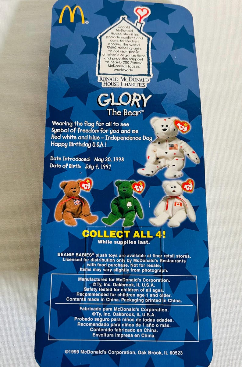 TY Teenie Original Beanie Baby "glory the Bear" Mcdonalds Retired, New ...