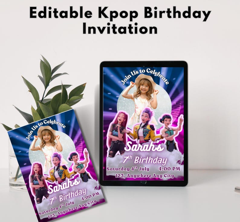 Neon K-pop Birthday Invitation | Editable Girl Party Invite (digital ...