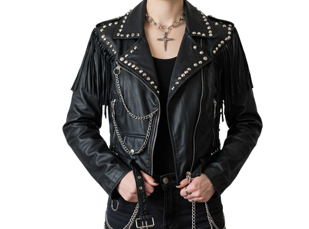 Black Leather Fringe Biker Jacket With Studs & Chains | Rocker Punk ...