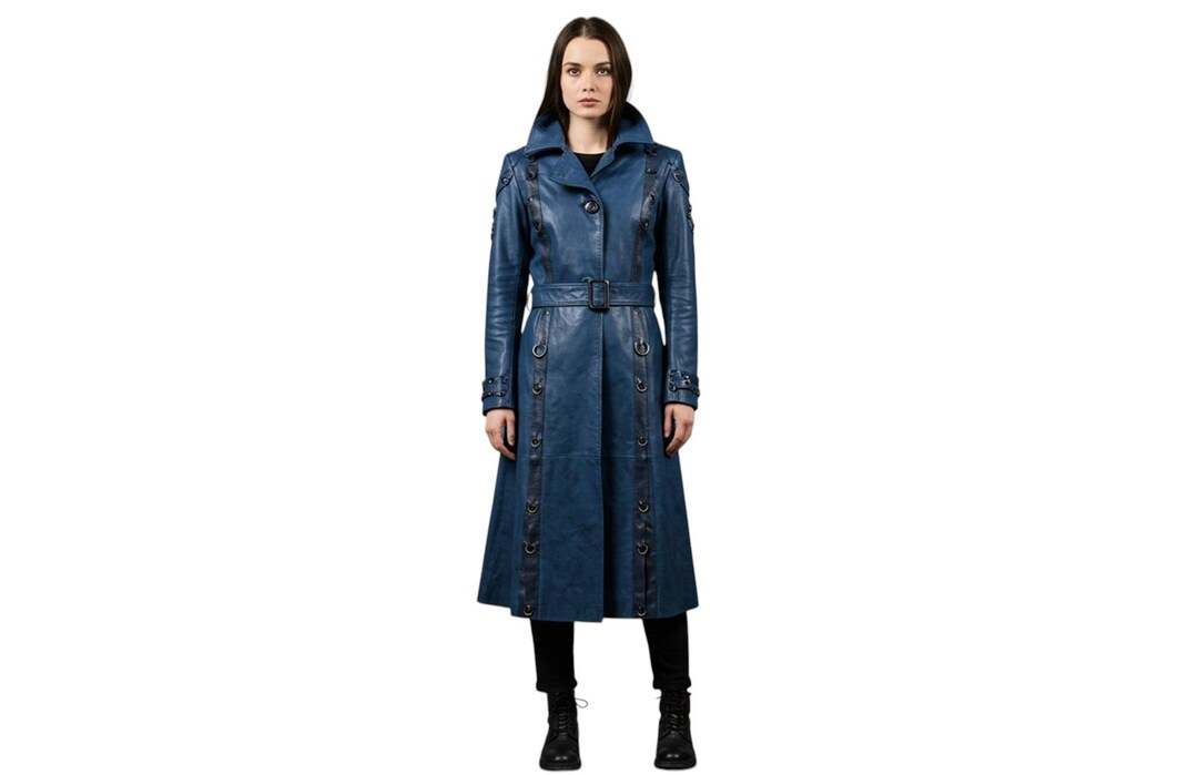 Women’s Gothic Blue Leather Trench Coat | Long Real Leather Duster ...