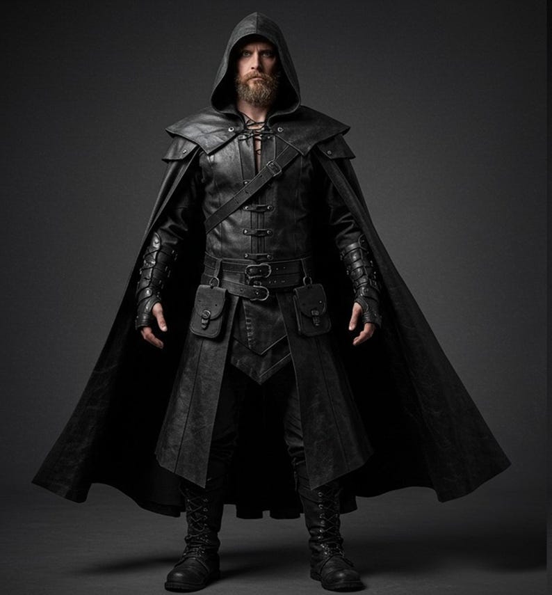 Real Leather Hooded Cloak Coat | Medieval Black Fantasy Outfit | Ren ...