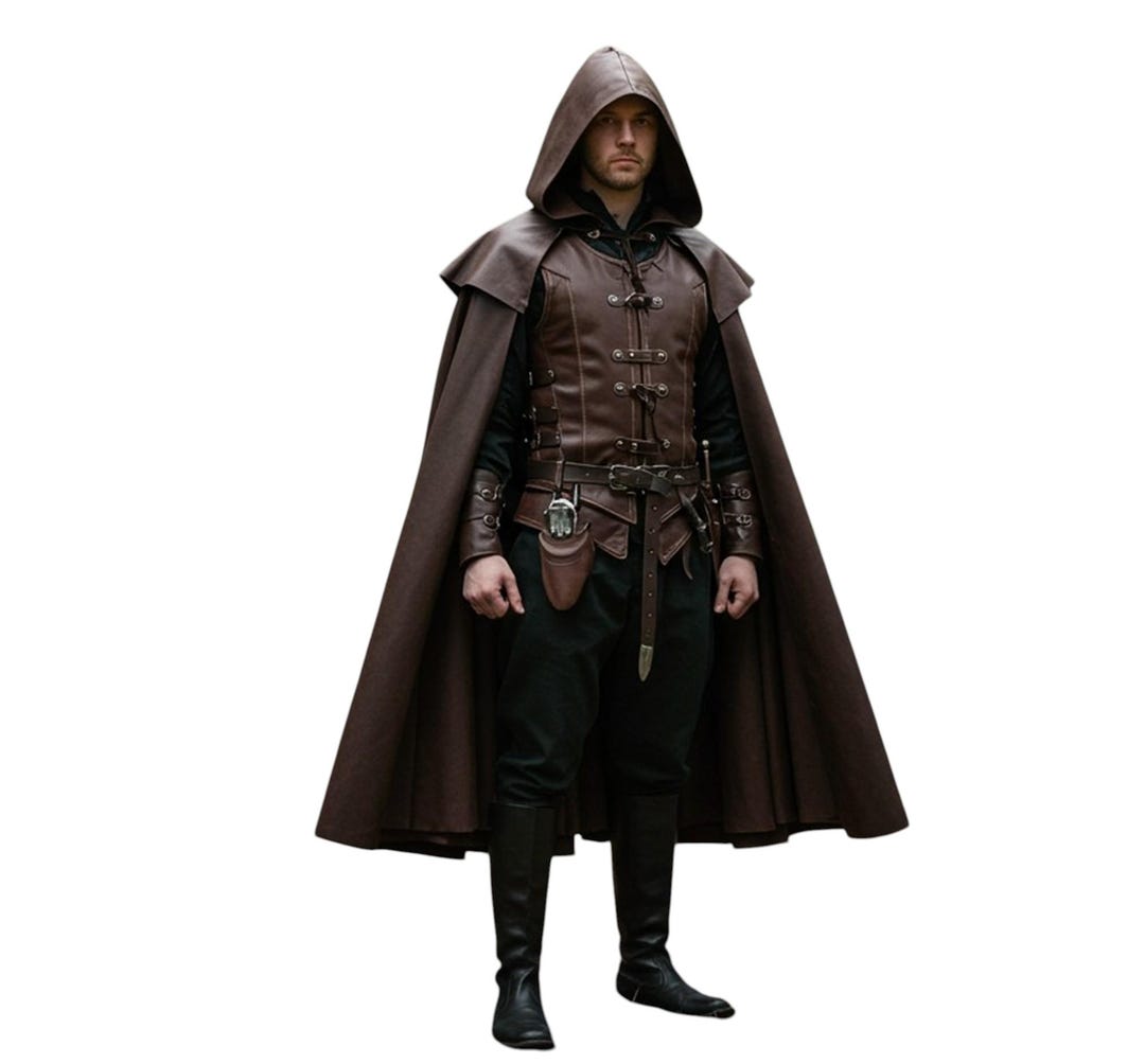 Cape médiévale en cuir véritable | Ensemble guerrier à capuche marron ...