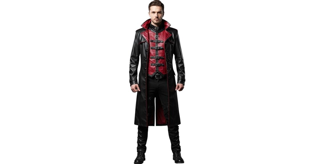 Men’s Gothic Leather Trench Coat | Black Red Vampire Duster Jacket ...