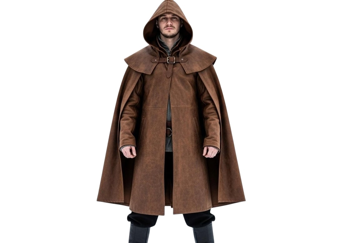 Brown Leather Hooded Cloak for Men | Medieval Renaissance Fantasy Cape ...